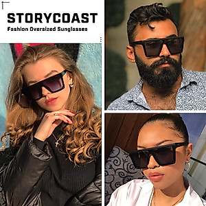 STORYCOAST Square Sunglasses for Women Men Fashion Big Frame Flat Top Sun Glasses Mirror Lens (Bright Black-Gradient Gray)