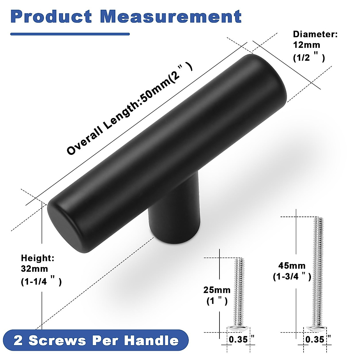 Estmoon 30 Pack Cabinet Knobs Matte Black Drawer Knobs Stainless Steel 2 Inch Overall Length Dresser Knobs for Cabinets Cupboard Bathroom Kitchen Hardware, Single Hole T Bar Knobs