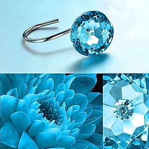 Shower Curtain Hooks,iiEASEST Acrylic Crystal Rhinestone Gem Decorative Shower Curtain Hook Cute Diamond Jewel Shower Hooks for Liner Curtain Camper Bathroom Kids Girls Women Set of 12 (Aqua Blue)