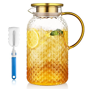 Glass Pitcher - 66 OZ fridge door pitcher Drip-Free Glass Water Pitcher with Lid, 18/8 Stainless Steel Iced Tea Pitcher, Easy Clean Heat Resistance Glass Carafe For Hot/Cold Beverages, Iced Tea, Juice