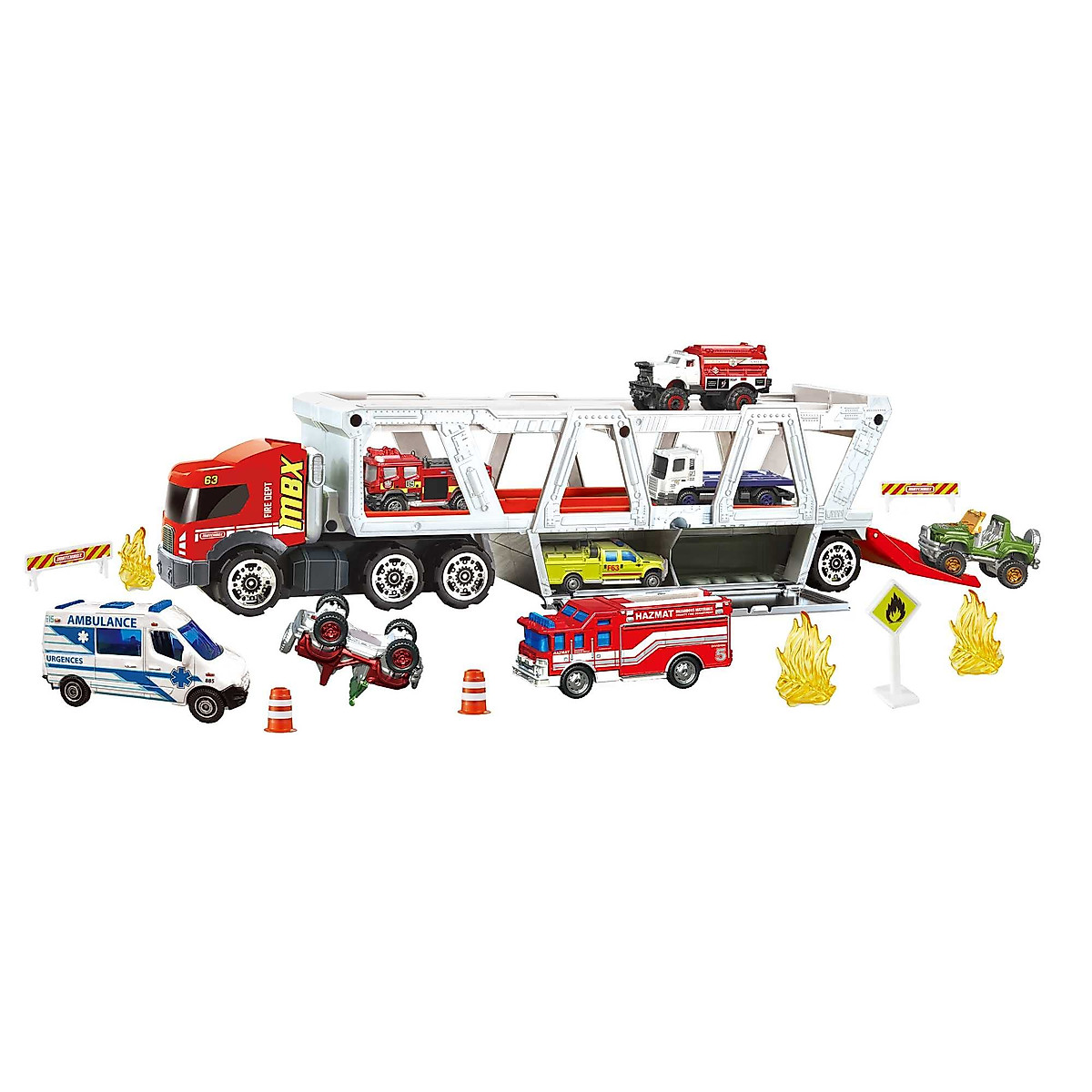 Matchbox Toy Cars, Fire Rescue Hauler Playset with 1:64 Scale Fire Truck & 8 Accessories, Storage for 16 Vehicles