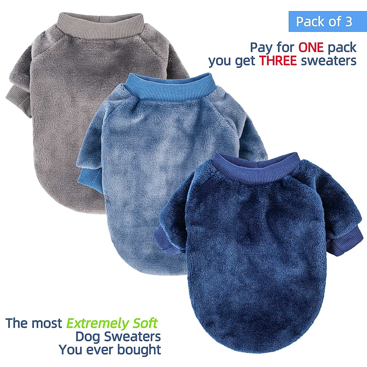 FabriCastle Dog Sweater, Pack of 2 or 3, Dog Clothes, Dog Coat, Dog Jacket for Small or Medium Dogs Boy or Girl, Ultra Soft and Warm Cat Pet Sweaters (Small, Grey,Blue,Dark Blue)