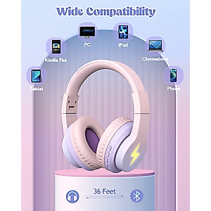 Kids Bluetooth Headphones, Colorful Wireless Over Ear Headset with LED Lights, Built-in Mic, 45H Playtime, 85dB/94dB Volume Limited Headphones for Boys Girls iPad Tablet School Airplane Pink Purple