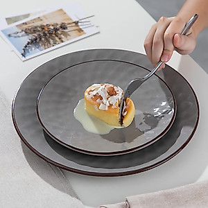 vancasso Gem Embossed Dinnerware Set for 8, Blue and Grey Dinner Service with Brown Rim, 32-Piece Dinner Set with 10.6in Dinner Plate, 7.8in Dessert Plate, 6in Cereal Bowl and 350ml Mug