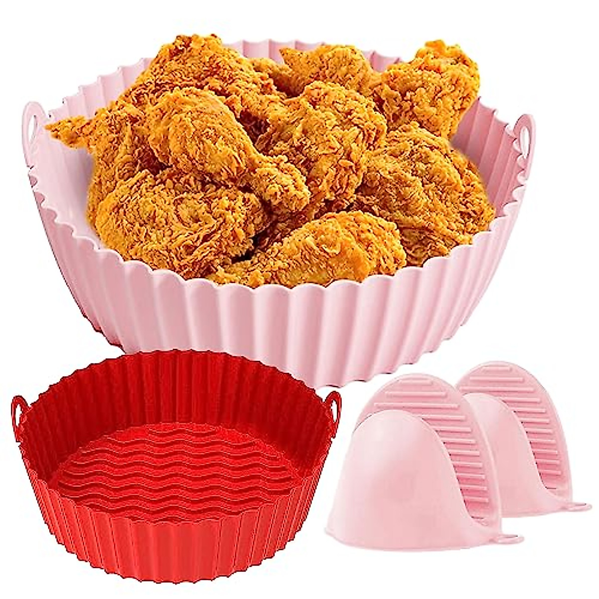 Hashimi Store Upgraded Air Fryer Silicone Liners with Heat Gloves-Pack of 2,Round Shape with Handles-Fit for 3 to 5 QT Air Fryer, Replace Paper with Silicone Air Fryer Liners (Red & Pink)