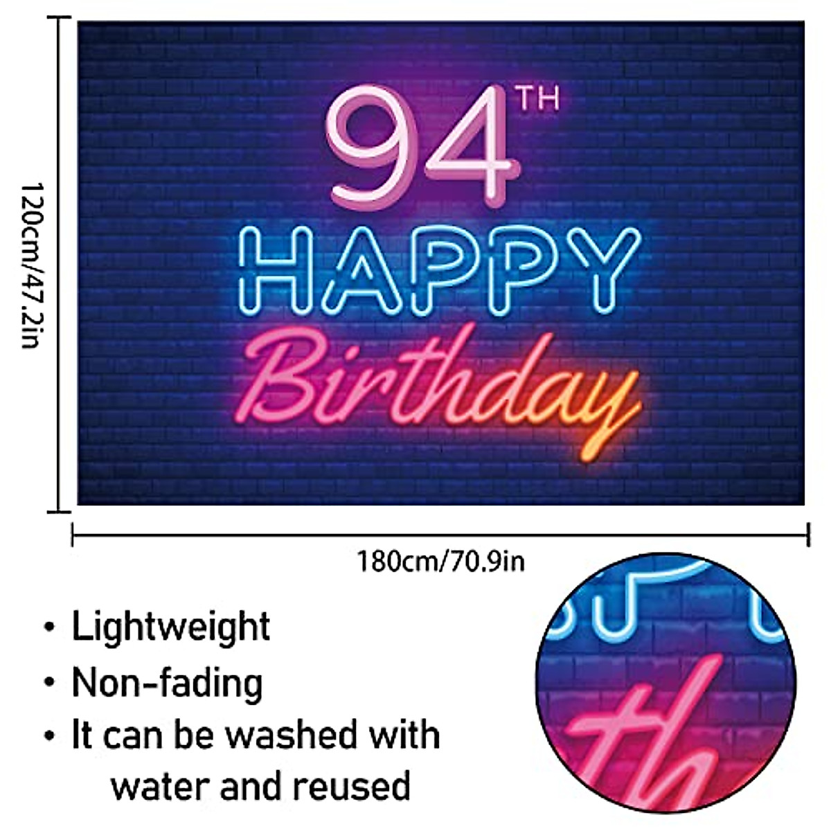 5665 Glow Neon Happy 94th Birthday Backdrop Banner Decor Black – Colorful Glowing 94 Years Old Birthday Party Theme Decorations