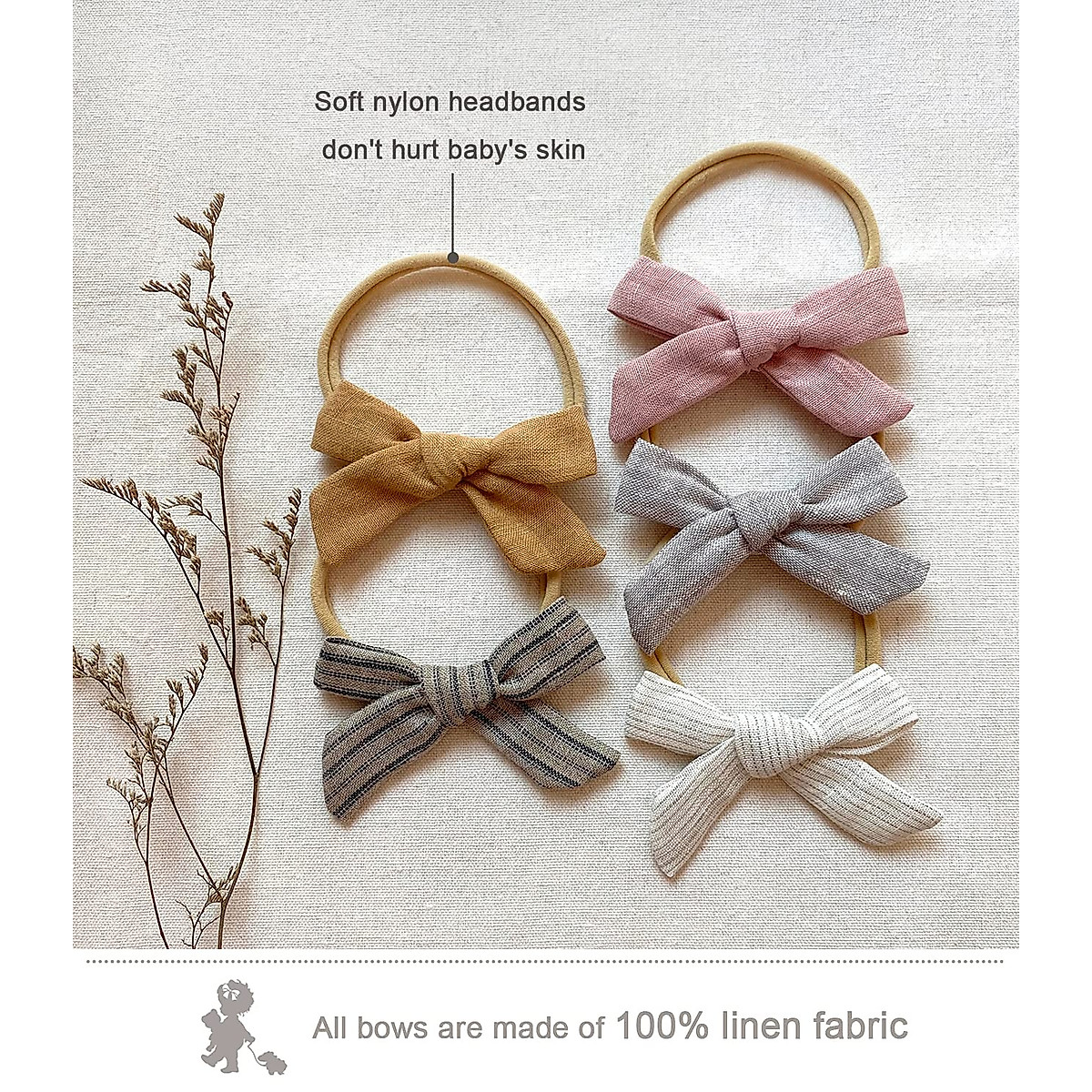 Cherssy Baby Girl 100% Original linen Bows Headbands, 10pcs Super Stretchy Nylon Hairbands For Newborn Infant Toddler