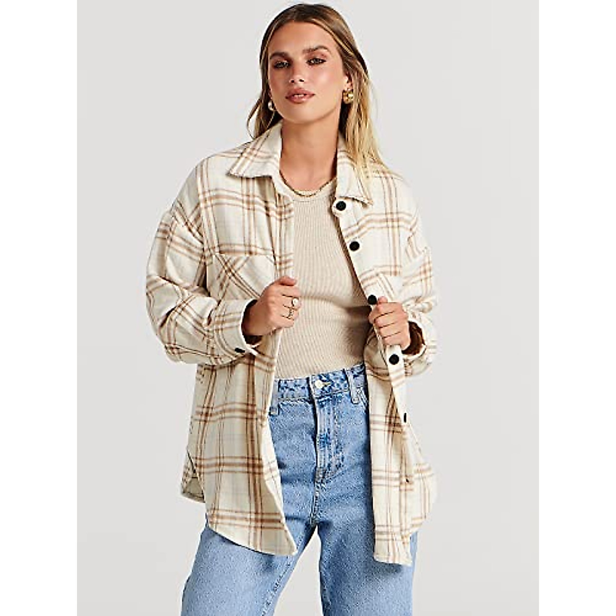 ANRABESS Womens Casual Plaid Shacket Button Down Long Sleeve Shirt Jacket