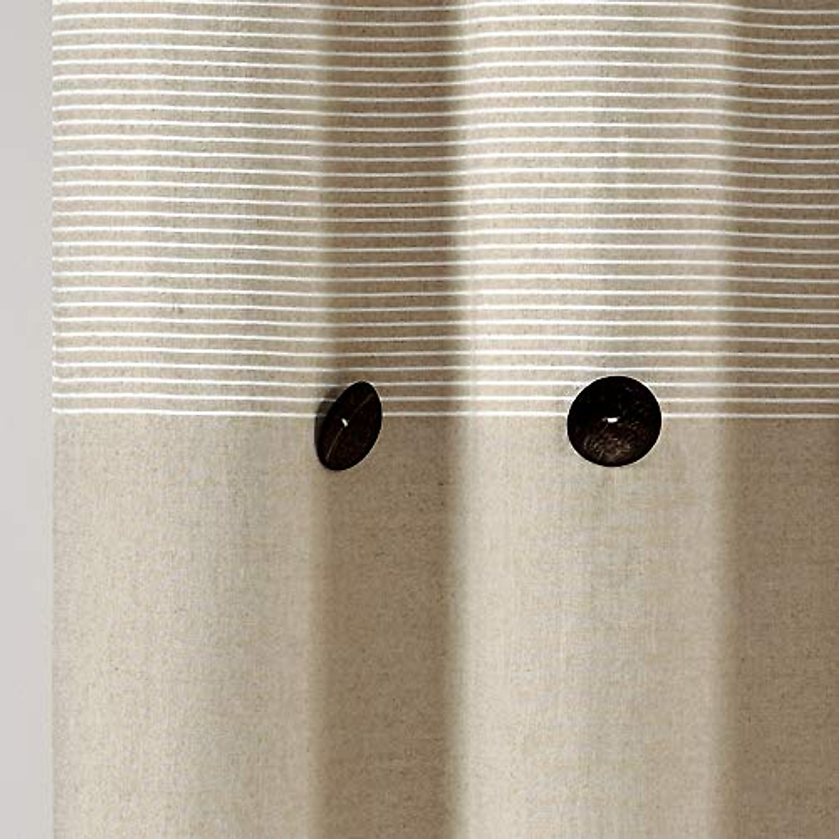 Lush Decor Beige Linen Woven Cotton Shower Curtain, Farmhouse Button Stripe, Yarn Dyed (72" x 72")