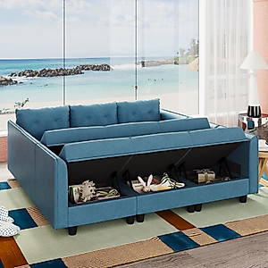 LLappuil Modular Sectional Sofa Faux Leather Sleeper Sectional Couch with Storage Convertible 9 Seats Modular Sofa Bed for Living Room, Navy Blue