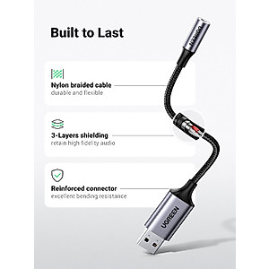 UGREEN USB to 3.5mm Jack Audio Adapter USB Sound Card Support Mic TRRS Headphone DAC 24bit 96kHz Nylon Braided USB to Aux Jack Compatible with Windows Mac Linux PC PS5 PS4 Switch Speaker, 9.8 Inch