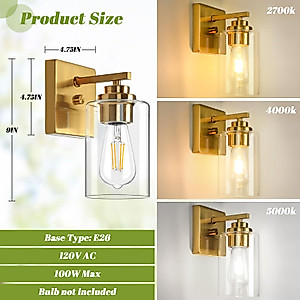 Wall Sconces, Gold Bathroom Light Fixtures, Modern Vanity Lights, Sconces Wall Lighting with Clear Glass, Sconces Wall Decor Set of 2, Wall Light Fixture for Mirror, Living Room, Bedroom, Hallway, E26