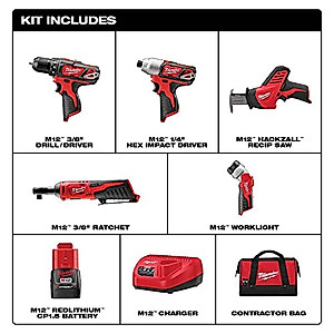 Milwaukee 2498-25 M12 12V Cordless 5-Tool Combo Kit: 2407-20 3/8 in.Drill/Driver + 2462-20 1/4 in. Hex Impact Driver+2420-20 Hackzall Recip Saw+2457-20 3/8 in.Ratchet+49-24-0146 LED Worklight,YKGAV