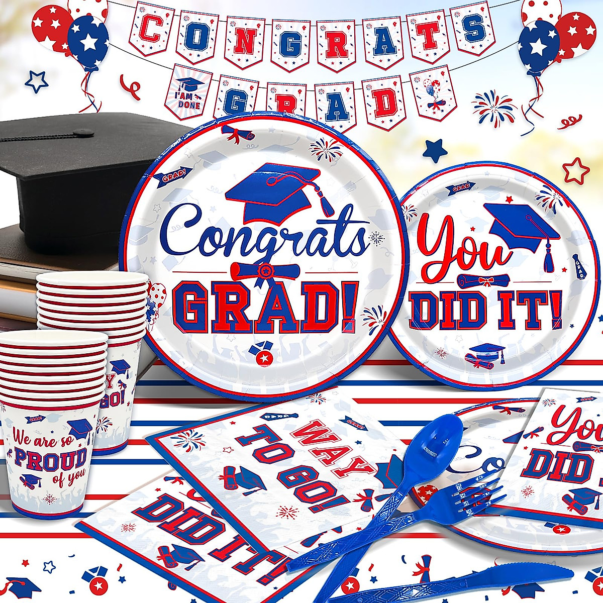 183Pcs Red and Blue Graduation Party Supplies 2024 Graduation Decorations Class of 2024 Graduation Plates and Napkins 2024 Red White and Blue 2024 Graduation Party Decorations Graduation Decorations