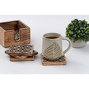FIGTREE - Set of 6 Wooden Coasters for Drinks Absorbent with Holder, Coasters for Coffee Table Protection, Coffee Table Decor, Perfect House Warming Gift, Lattice