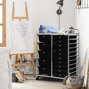 GOFLAME 15-Drawer Rolling Storage Cart, Multipurpose Movable Organizer Cart, Utility Cart for Home, Office, School, Black