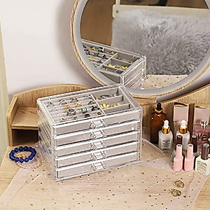 Cq acrylic Jewelry Organizer With 5 Drawers Clear Acrylic Jewelry Box Gift for Women Mens kids and Little girl Stackable Velvet Earring Display Holder for Earrings Ring Bracelet Necklace Holder,Grey