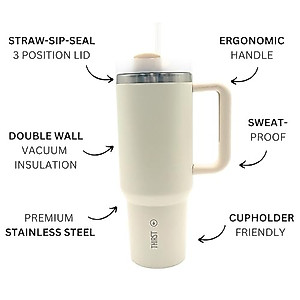 THIRST Quench H2.0 40 oz tumbler with handle and straw | Stainless Steel Tumbler | Insulated Tumbler | Double Wall Mug | Thermos | Cup | Water Bottle (New Generation Lid & Straw) (Dune)