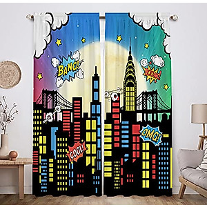 Allenjoy Superhero Super City Skyline Buildings Children Window Curtains for Kids Baby Room Bedroom Nursery Toddler Home Office Decor Decorations Durable Fabric Machine Washable 82 in x 84 in