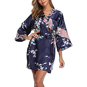 UrHot Women's Floral Kimono Satin Short Robe Peacock and Blossom Soft Bathrobe for Wedding Party Getting Ready