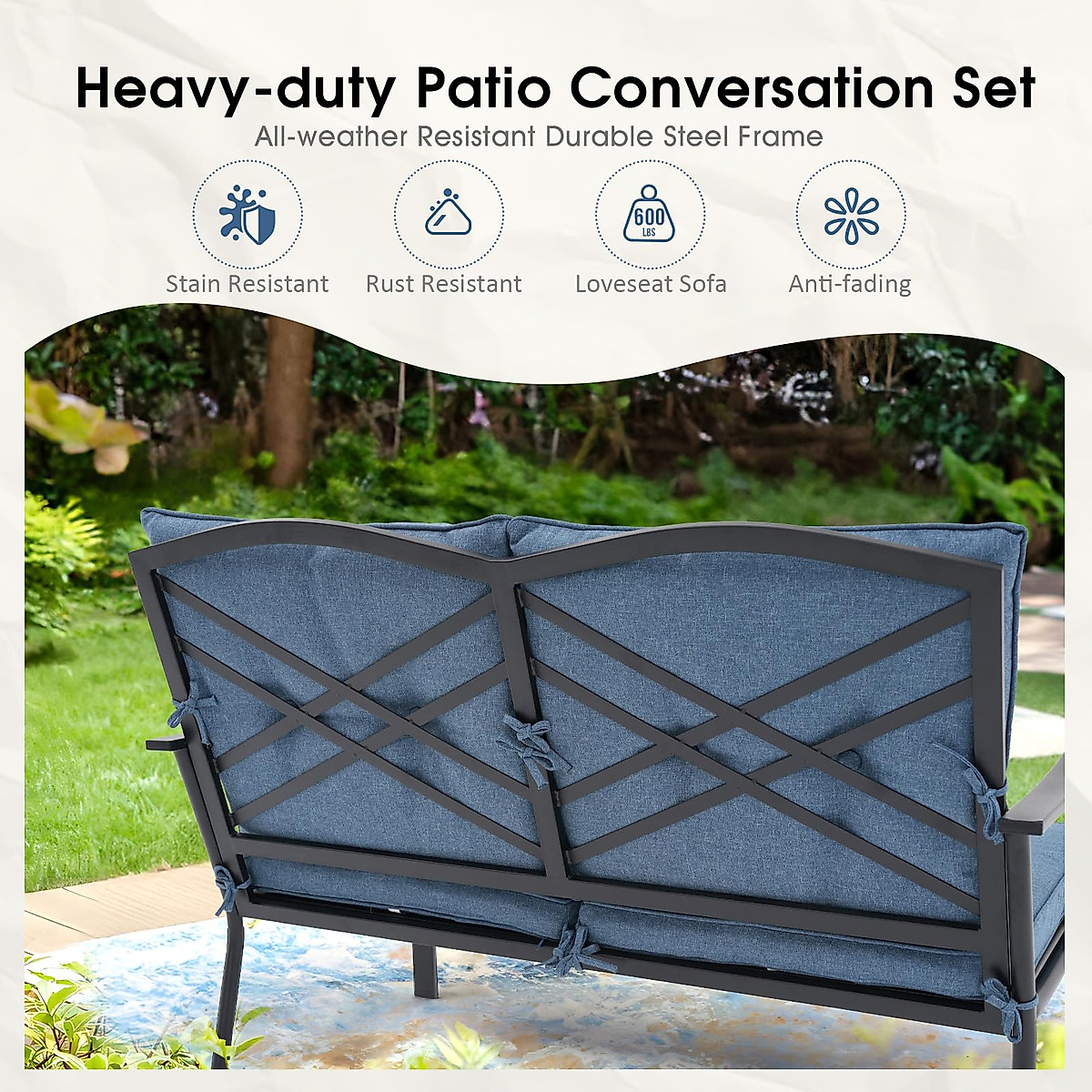 JARDINA 4 Pieces Patio Furniture Set, Metal Outdoor Patio Furniture, All-Weather Patio Conversation Set with Loveseat Sofa, 2 Swivel Chairs, Coffee Table and Cushions for Backyard Deck, Blue