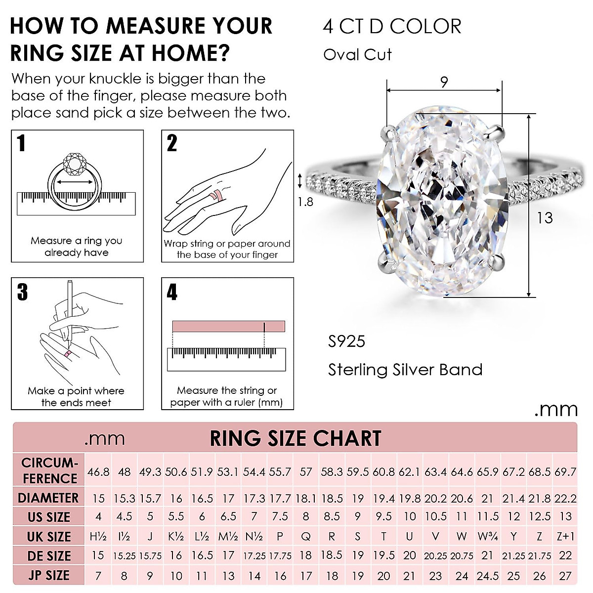 Michooyel Oval Cut 4ct Engagement Ring Sterling Silver Cubic Zirconia Rhodium Plated Solitaire Women‘s Ring Wedding Ring Promise Ring Wedding Band