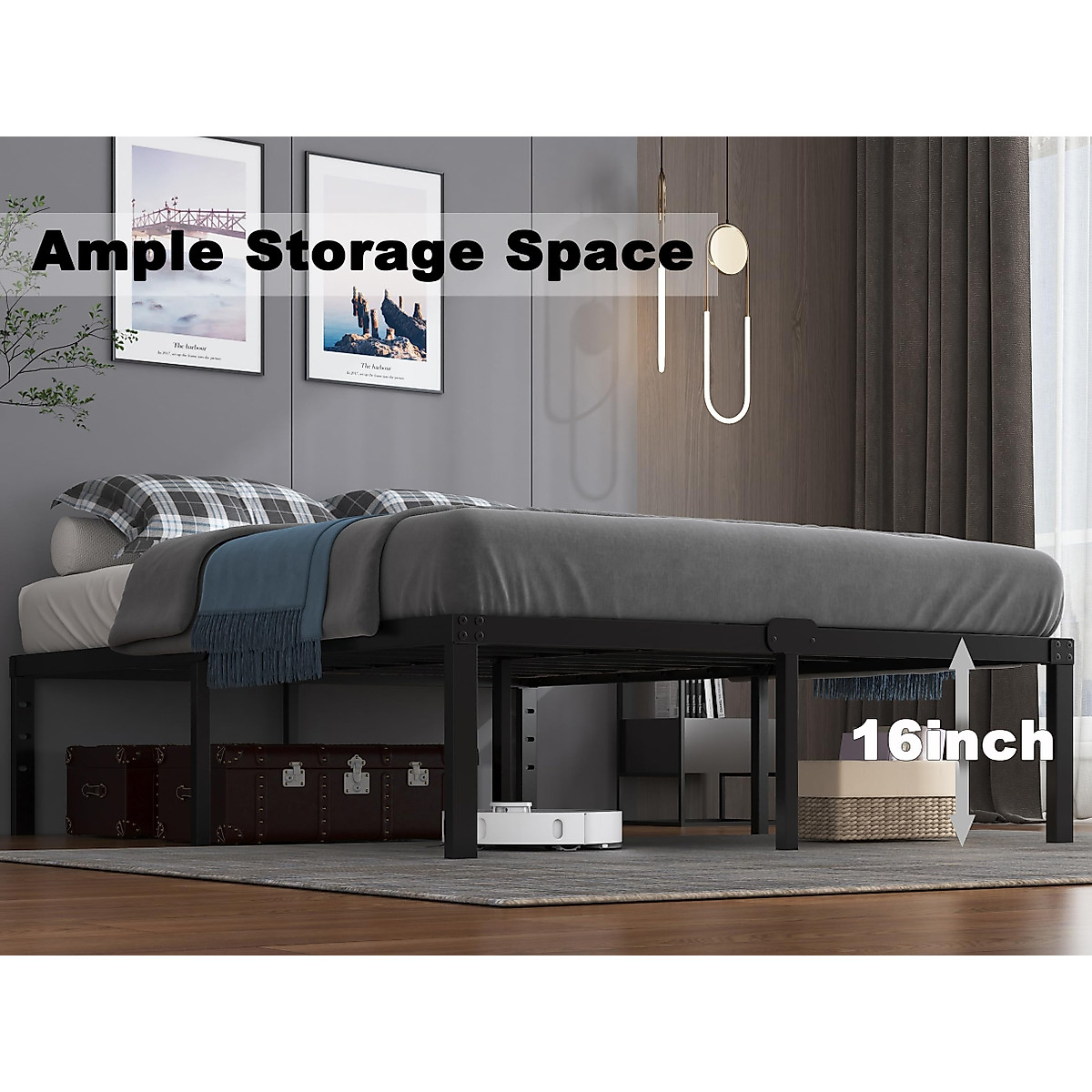 AROMUSTIME 16 Inch Standard Metal Platform Bed Frame / 3,000 lbs Heavy Duty Steel Slat Easy Assembly Mattress Foundation/Noise Free/Box Spring Replacement, Queen