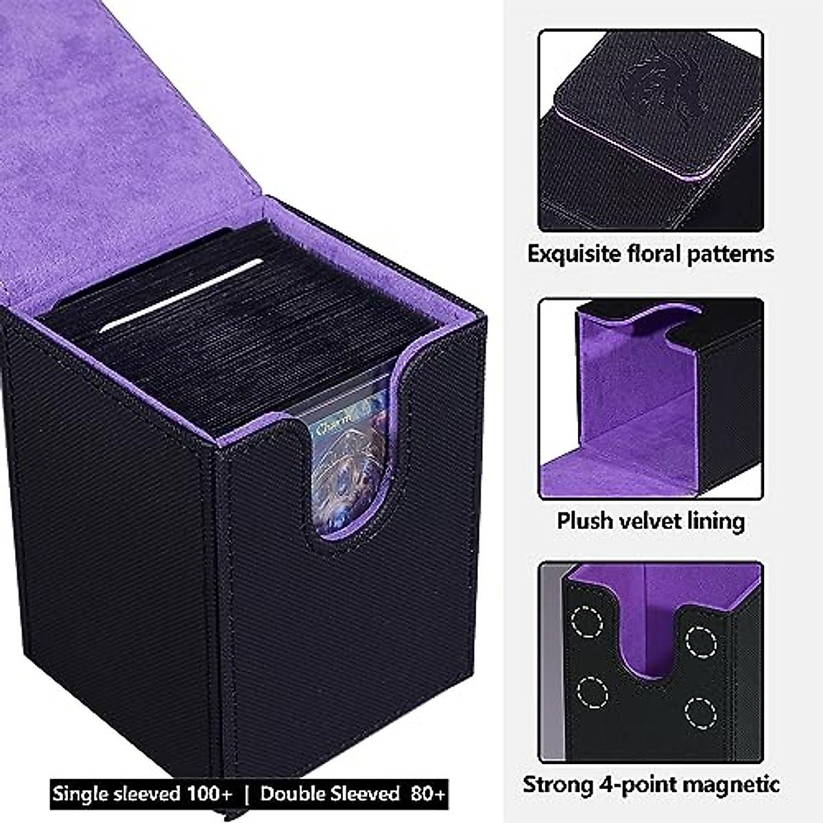 ArtBoutiq MTG Card Deck Box For Commander Deck Box With 2 Dividers, Card Storage Box Fits 100+ Single Sleeved Cards, PU Leather Strong Magnet Card Deck Case Holder for Mtg Yugioh TCG（Black/Purple）