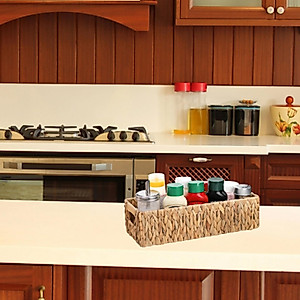 2 Pack Wicker Storage Baskets, Water Hyacinth Holder for Toilet Paper, Rectangular Natural Bins with Built-in Handles, Handwoven Organizer for Bathroom Kitchen Pantry Tank Top, 2 Sizes