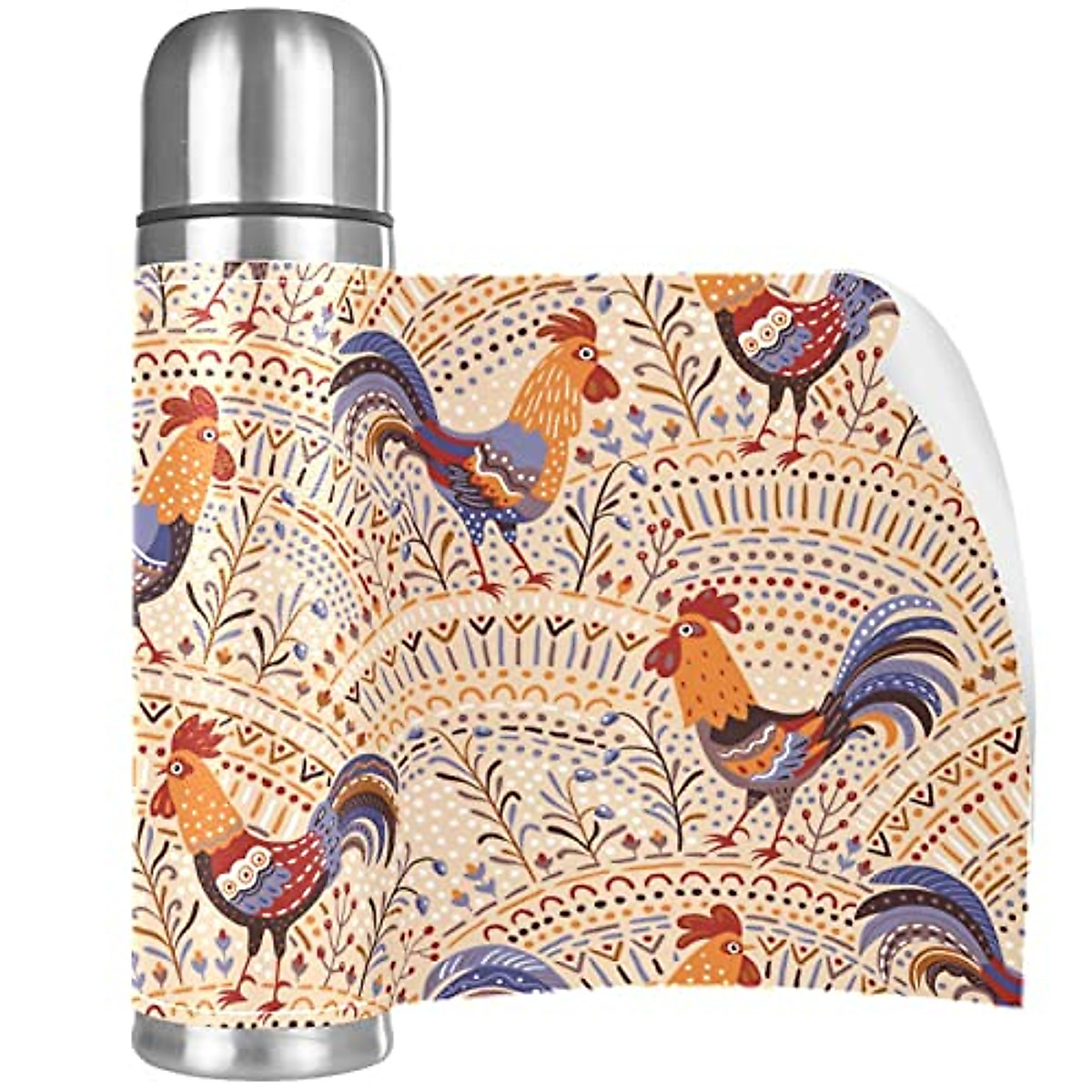 Seamless Art Cock Rooster Stainless Steel Water Bottle, Leak-Proof Travel Thermos Mug, Double Walled Vacuum Insulated Flask 17 OZ