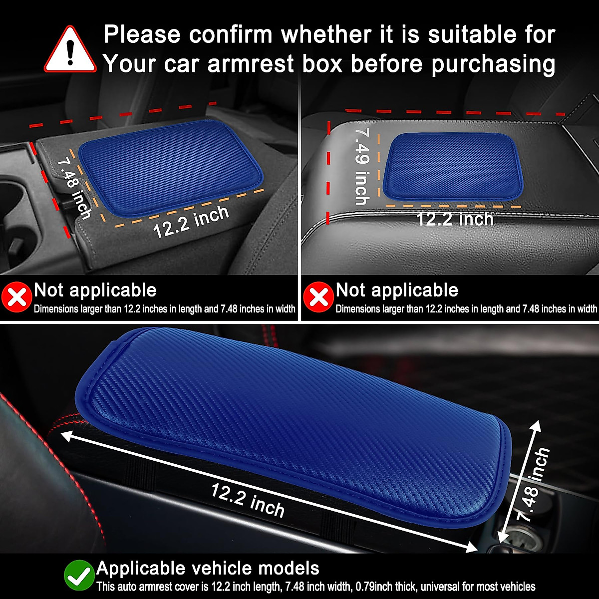 Amiss Car Center Console Pad, Universal Waterproof Car Armrest Seat Box Cover, Car Interior Accessories, Carbon Fiber PU Leather Auto Armrest Cover Protector for Most Vehicle, SUV, Truck, Car (Blue)