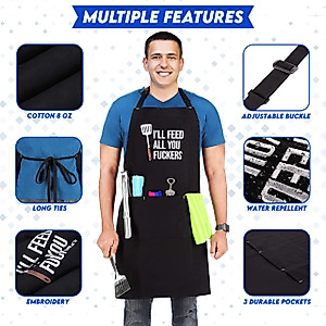 Exzillant - Embroidered Funny Aprons for Men - 3 pockets - Birthday, Christmas and Cooking Gifts for Dad, Brother, Husband - Polycotton -Black