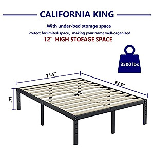 ZIYOO California King Bed Frame 14 inches Tall 3 Inches Wide Wood Slats with 3500 Pounds Support for Foam Mattress, No Box Spring Needed,Underbed Storage Space, Easy Assembly, Noise Free