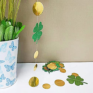 Pink Forest Glitter Green Shamrock Clover Garland with Gold Circle Dots Hanging Streamer for Irish St Patrick’s Day Decoration Spring Baby Shower Birthday Party Supplies
