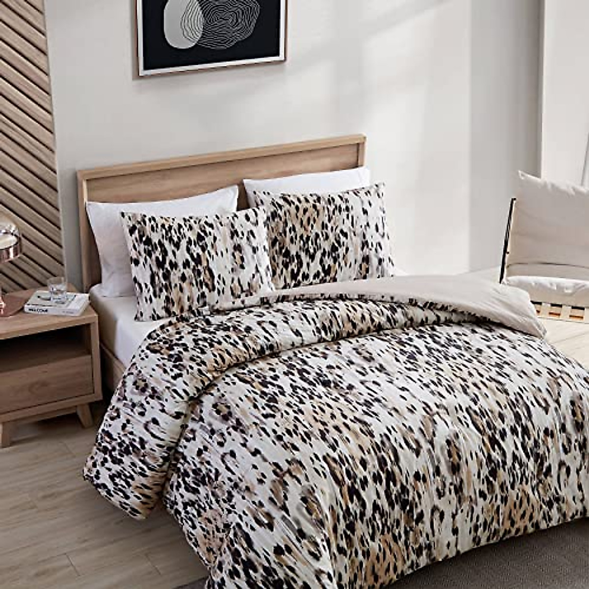 Kenneth Cole New York - Queen Duvet Cover Set, Cotton Reversible Bedding with Matching Shams, Modern Home Décor (Abstract Leopard Brown, Queen)