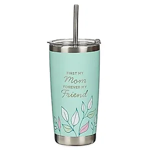 Christian Art Gifts Reusable Stainless Steel Tumbler Travel Mug w/Straw for Mothers: First My Mom Forever My Friend w/Scripture, Vacuum Insulated, Pop-up Lid, Hot/Cold, Cute Mint Green Floral, 18 oz.