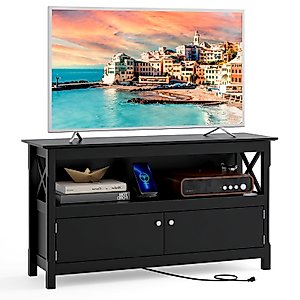 Tangkula Farmhouse TV Stand for TVs up to 50 Inch, Media Entertainment Center with Charging Station, USB & Type C Ports, Storage Shelf & 2 Cabinets, Television Console Table for Living Room (Black)
