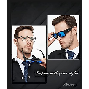 Meeloog Polarized Fit Over Glasses Sunglasses For Men, Rectangle Wrap Around Sun Glasses for Driving Riding Fishing MST0006 (P1 Black Frame/Blue Mirrored Lens)