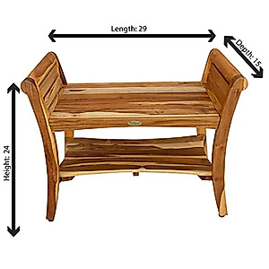 EcoDecors Symmetry Shower Bench Natural Teak Wood Shower Bench with Shelf and LiftAide Arms 30" Long Wood Shower Stool in EarthyTeak Finish for Indoors and Outdoors