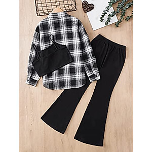 Floerns Girls 3 Piece Outfits Bell Bottom Outfit Cami Top and Flare Pants Set with Plaid Print Shirt Black and White 10Y