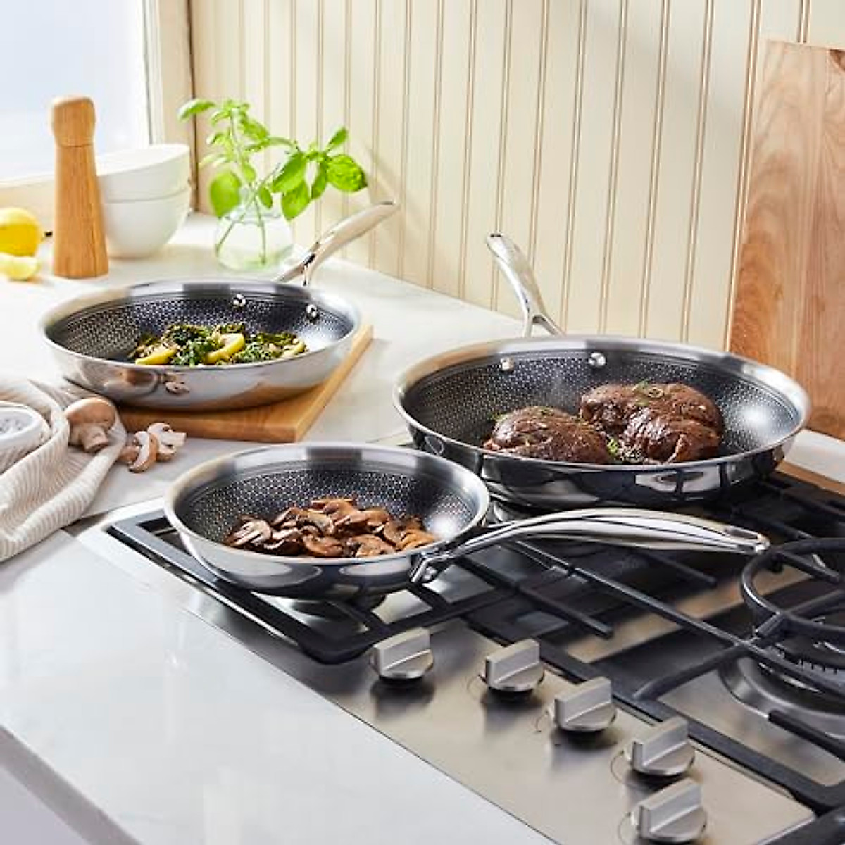HENCKELS Paradigm 5-pc Frying Pan and Silicone Utensil Set, Nonstick, 3-ply Stainless Steel