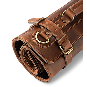Angus Stoke Premium Leather Knife roll Storage Bag XXL - 14 Pockets, Buffalo Leather with Shoulder Strap, Chef's Knife Bag case Rene (Walnut-Brown)
