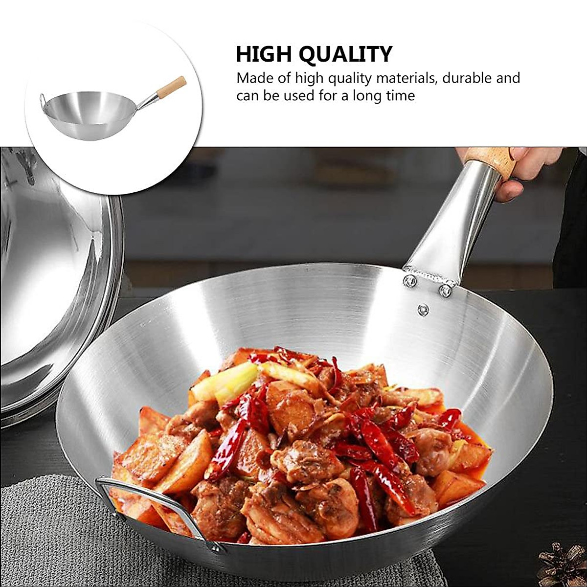 DOITOOL 1pc Stainless Steel Wok with Wood Handle Traditional Hand Hammered Carbon Steel Pow Wok Practical Wok Kitchen Utensil (Silver)