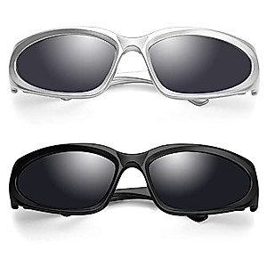 GUVIVI Wrap Around Fashion Sunglasses for Men Women 2 Pack Swift Oval Gold Sunglasses Futuristic Shades Glasses Eyeglasses