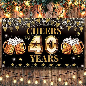 Cheers to 40 Years Backdrop Banner, Happy 40th Birthday Decorations for Men Women, 40th Anniversary, Class Reunion Backdrop, Black Gold 40th Birthday Party Yard Banner, Vicycaty (6.1ft x 3.6ft）