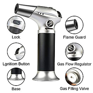 Blow Torch, Professional Kitchen Cooking Torch with Lock Adjustable Flame Refillable Mini Blow Torch Lighter for BBQ, Baking, Brulee Creme, Crafts and Soldering(Butane Gas Not Included)