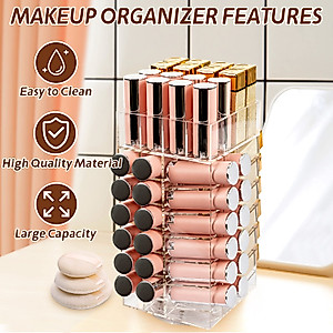 display4top Lipstick Holder, Acrylic Rotating 64 Lipstick Tower Organizer, 360 Degree Spinning Lipstick Tower Lipgloss Stand with Removable Dividers