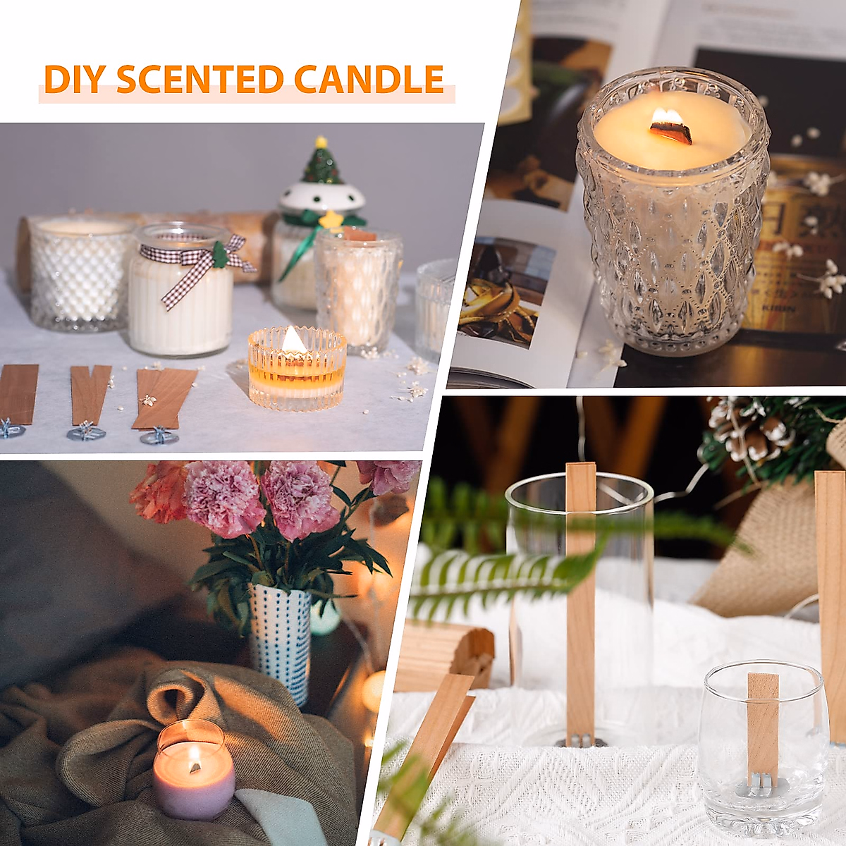 Ziosxin 100 Pcs Smokeless Cherry Wood Candle Wicks, Long Lasting Flame, Easily Burn, Candle Cores with Stand and Glue Dot, Warning Label for DIY Candle Making