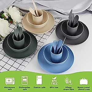 AR Kitchen Wheat Straw Dinnerware Set - 28-Pcs Unbreakable Dinnerware Set with Plates, Bowls, Cutlery, Drinking Cups - Eco-Friendly Natural Wheat Straw - Non-BPA Food-Grade Microwave-Safe Dinnerware