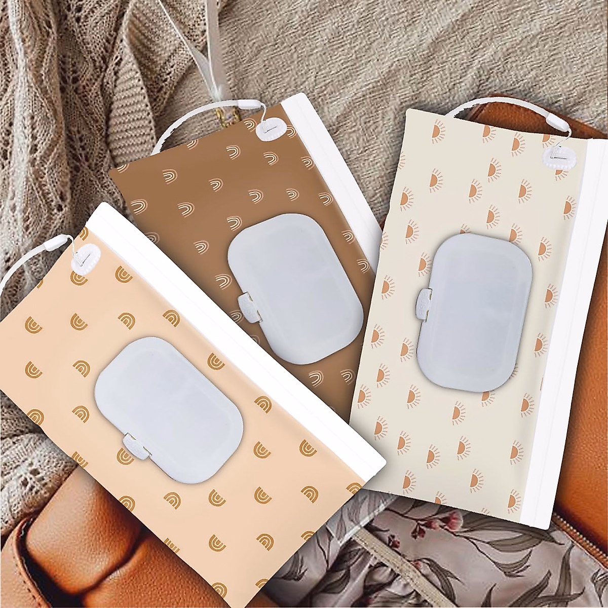 3 Pack Baby Wipes Dispenser，Baby Wipe Holder for Travel，Boho Wipes Container， Reusable Wet Wipes Pouch Portable refillable Wipe Holder for Travel